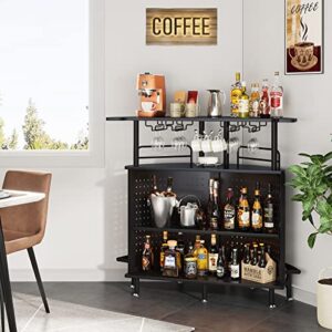 Tribesigns Smart Led Bar Table, 3-Tier Liquor Bar Unit with RGB Lights, Wine Glasses Holder and Storage Shelves, Alcohol Bar Cabinet with Mesh & Footrest Mini Bar Buffet Sideboard for Home Kitchen