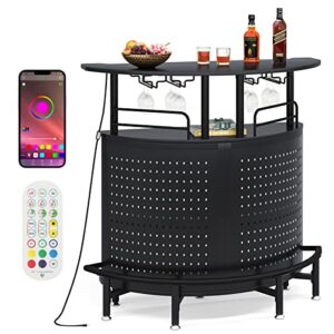 Tribesigns Smart Led Bar Table, 3-Tier Liquor Bar Unit with RGB Lights, Wine Glasses Holder and Storage Shelves, Alcohol Bar Cabinet with Mesh & Footrest Mini Bar Buffet Sideboard for Home Kitchen