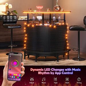 Tribesigns Smart Led Bar Table, 3-Tier Liquor Bar Unit with RGB Lights, Wine Glasses Holder and Storage Shelves, Alcohol Bar Cabinet with Mesh & Footrest Mini Bar Buffet Sideboard for Home Kitchen