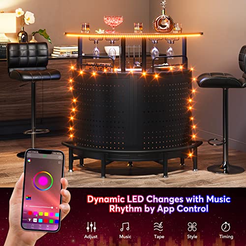 Tribesigns Smart Led Bar Table, 3-Tier Liquor Bar Unit with RGB Lights, Wine Glasses Holder and Storage Shelves, Alcohol Bar Cabinet with Mesh & Footrest Mini Bar Buffet Sideboard for Home Kitchen