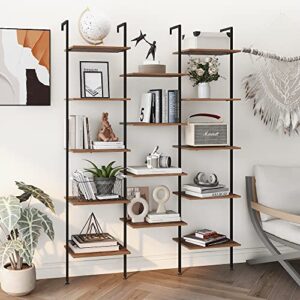 tohomeor triple wide bookshelf wall mounted 5-tiers ladder book shelf industrial wooden and metal bookshelf open display storage rack for living room bedroom home office (rustic brown, large)