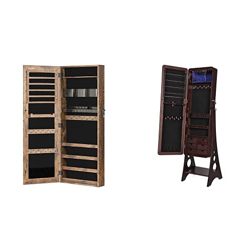 SONGMICS Wall-Mounted Jewelry Cabinet Armoire with Full-Length Frameless Mirror, Textured Brown UJJC001X01 & 8 LEDs Jewelry Cabinet Armoire with Beveled Edge Mirror, Brown UJJC89K