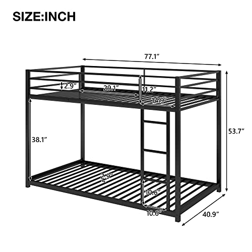 CNANXU Bunk Beds Twin Over Twin, Metal Low Bunk Bed with Guard Rails,Ladder for Young Boys Girls Dormitory Bedroom, No Box Spring Needed (Twin)