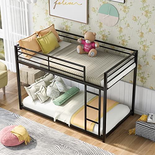 CNANXU Bunk Beds Twin Over Twin, Metal Low Bunk Bed with Guard Rails,Ladder for Young Boys Girls Dormitory Bedroom, No Box Spring Needed (Twin)