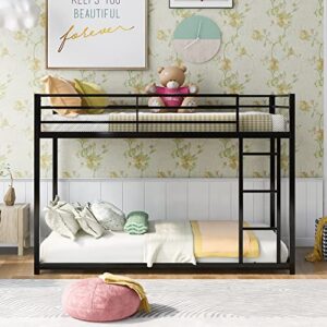 CNANXU Bunk Beds Twin Over Twin, Metal Low Bunk Bed with Guard Rails,Ladder for Young Boys Girls Dormitory Bedroom, No Box Spring Needed (Twin)