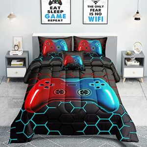 rowadalo 6 pieces bed in a bag gamer bedding set for boys kids adult gaming comforters set,boys bed in a bag set queen size comforter with fitted sheet flat sheet pillowcase pillowsham,djth5028queen