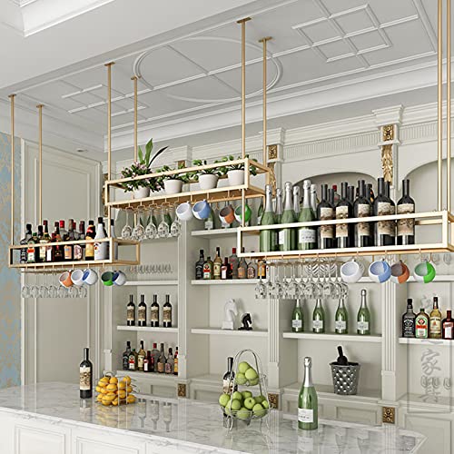 Gold Ceiling Mounted Hanging Wine Rack Iron Wine Bottle Holder Champagne Glass Goblets Storage Shelf, Bar Unit Home Decor Floating Display Shelves (Size : 100x25x21cm)