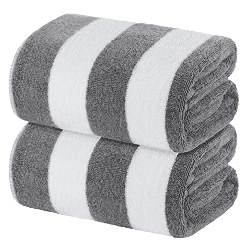 White Classic Beach Towels Oversized Cabana Stripe Cotton Bath Towel Large - Luxury Plush Thick Hotel Swim Pool Towels for Adults Super Absorbent Quick Dry - 35x70 Grey [2 Pack]