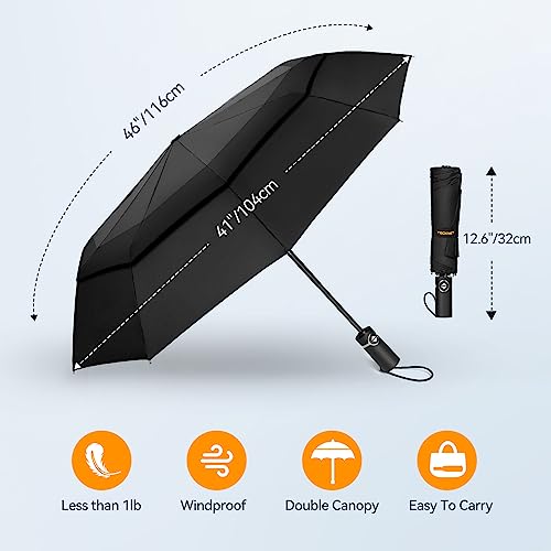 TECKNET Windproof Umbrella for Rain, Large Travel Folding Umbrella, Strong Compact Umbrella for Wind, Automatic Portable Umbrellas, Double Vented Canopy Golf Umbrella with 10 Ribs for Men Women