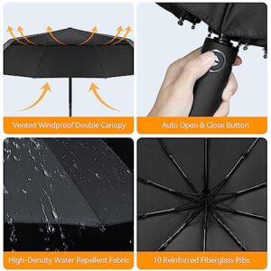 TECKNET Windproof Umbrella for Rain, Large Travel Folding Umbrella, Strong Compact Umbrella for Wind, Automatic Portable Umbrellas, Double Vented Canopy Golf Umbrella with 10 Ribs for Men Women