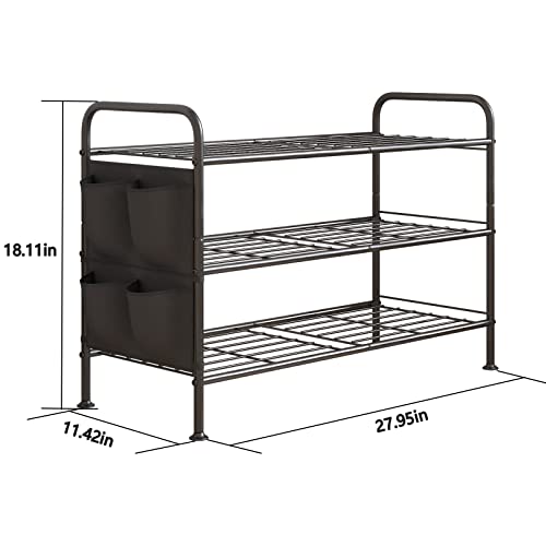 SORCEDAS Shoe Rack 3 Tier Black Wide Metal Storage Organizer Shelf with Removable Side Pockets for Closet, Entryway,Garage, Bedroom, Cloakroom (Black, 3 Tier)