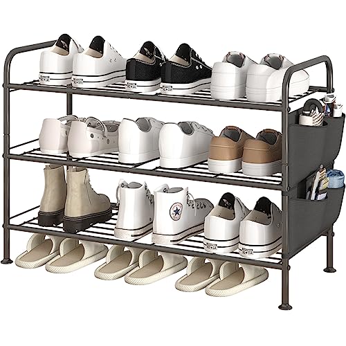 SORCEDAS Shoe Rack 3 Tier Black Wide Metal Storage Organizer Shelf with Removable Side Pockets for Closet, Entryway,Garage, Bedroom, Cloakroom (Black, 3 Tier)