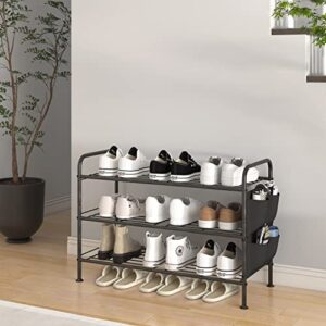 SORCEDAS Shoe Rack 3 Tier Black Wide Metal Storage Organizer Shelf with Removable Side Pockets for Closet, Entryway,Garage, Bedroom, Cloakroom (Black, 3 Tier)