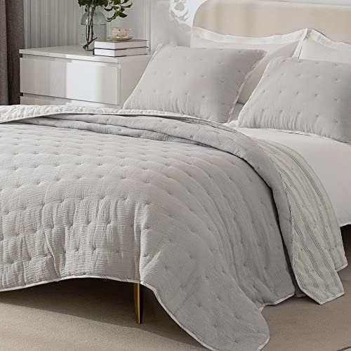 SHALALA Cotton Gauze Quilt Sets,Gray Lightweight Quilt Bedding Sets,Reversible Seersucker Quilts for Queen Bed,3pcs Ultro-Soft Bedspread,Breathable Coverlet for All Season(Full/Queen,Grey)