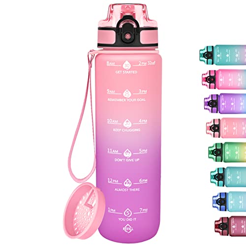 GOSWAG 32oz Motivational Water Bottles with Time Marker & Fruit Strainer, Sports Water Bottle with Times to Drink, Leakproof & BPA Free, Reusable Plastic Bottle with Strap no Straw for Gym & School