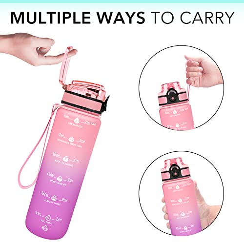 GOSWAG 32oz Motivational Water Bottles with Time Marker & Fruit Strainer, Sports Water Bottle with Times to Drink, Leakproof & BPA Free, Reusable Plastic Bottle with Strap no Straw for Gym & School