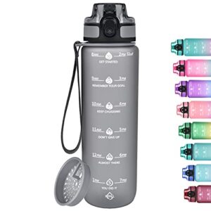 goswag 32oz motivational water bottles with time marker & fruit strainer, sports water bottle with times to drink, leakproof & bpa free, reusable plastic bottle with strap no straw for gym & school