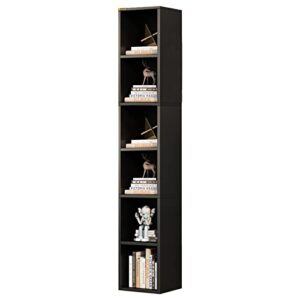 alisened 68.5" tall narrow bookshelf, 6 shelf wooden corner bookcase, modern skinny cubes storage organizer display shelving for bedroom, library, living room, home, office, black