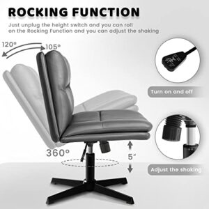 LEMBERI PU Leather armless Office Desk Chair no Wheels,Criss Cross Legged Home Office Chair, Wide Padded Swivel Vanity Chair,120°Rocking Mid Back Ergonomic Computer Task Chair for Make Up,Small Space