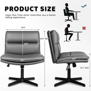 LEMBERI PU Leather armless Office Desk Chair no Wheels,Criss Cross Legged Home Office Chair, Wide Padded Swivel Vanity Chair,120°Rocking Mid Back Ergonomic Computer Task Chair for Make Up,Small Space