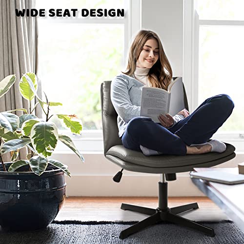 LEMBERI PU Leather armless Office Desk Chair no Wheels,Criss Cross Legged Home Office Chair, Wide Padded Swivel Vanity Chair,120°Rocking Mid Back Ergonomic Computer Task Chair for Make Up,Small Space