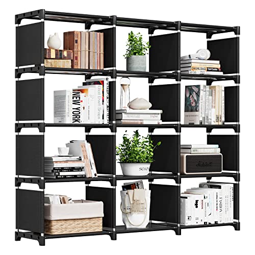 REIBII Bookshelf for Bedroom Book Shelf Organizer Bookcase Tall Book Case 12 Cube Storage Organizer Cube Shelf Black Cubby Storage Organizer Shelves for Bedroom Living Room Closet Office DIY