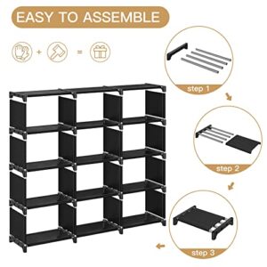 REIBII Bookshelf for Bedroom Book Shelf Organizer Bookcase Tall Book Case 12 Cube Storage Organizer Cube Shelf Black Cubby Storage Organizer Shelves for Bedroom Living Room Closet Office DIY