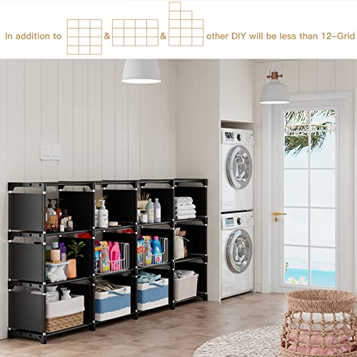 REIBII Bookshelf for Bedroom Book Shelf Organizer Bookcase Tall Book Case 12 Cube Storage Organizer Cube Shelf Black Cubby Storage Organizer Shelves for Bedroom Living Room Closet Office DIY