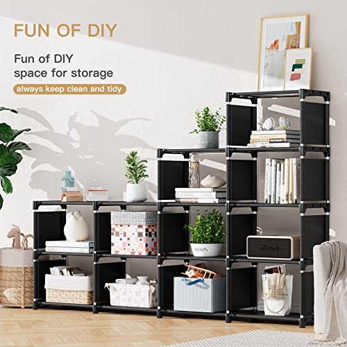 REIBII Bookshelf for Bedroom Book Shelf Organizer Bookcase Tall Book Case 12 Cube Storage Organizer Cube Shelf Black Cubby Storage Organizer Shelves for Bedroom Living Room Closet Office DIY