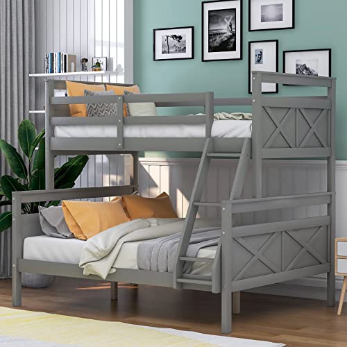 Twin Over Full Bunk Bed,Solid Pinewood Bedframe w/Safety Guardrails and Ladder,Can Be Separated into 2 Beds,for Dorm,Bedroom,Guest Room Furniture,No Box Spring Needed,Gray