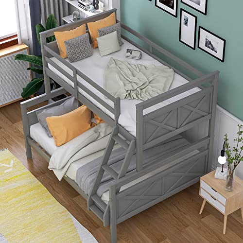 Twin Over Full Bunk Bed,Solid Pinewood Bedframe w/Safety Guardrails and Ladder,Can Be Separated into 2 Beds,for Dorm,Bedroom,Guest Room Furniture,No Box Spring Needed,Gray