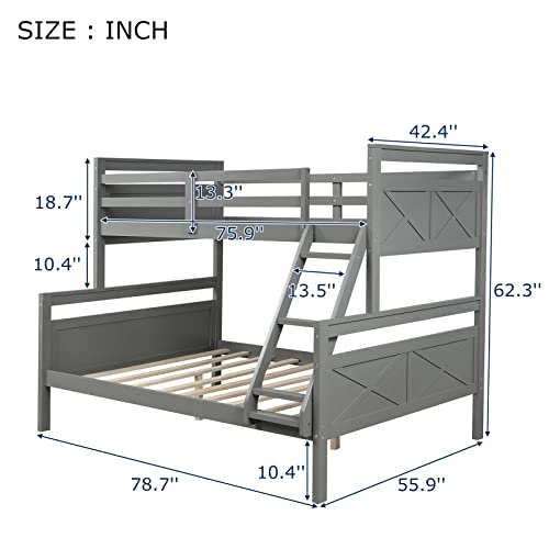 Twin Over Full Bunk Bed,Solid Pinewood Bedframe w/Safety Guardrails and Ladder,Can Be Separated into 2 Beds,for Dorm,Bedroom,Guest Room Furniture,No Box Spring Needed,Gray