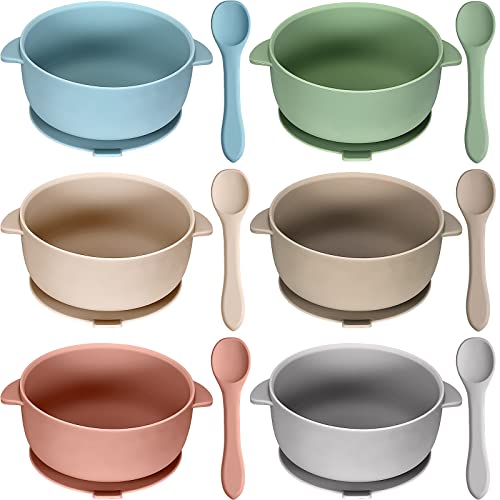 6 Set Baby Silicone Suction Bowls with Spoons BPA Free Baby Led Weaning Food Bowl Food Grade Toddler Food Storage Bowl Dishwasher Microwave Safe Feeding Set