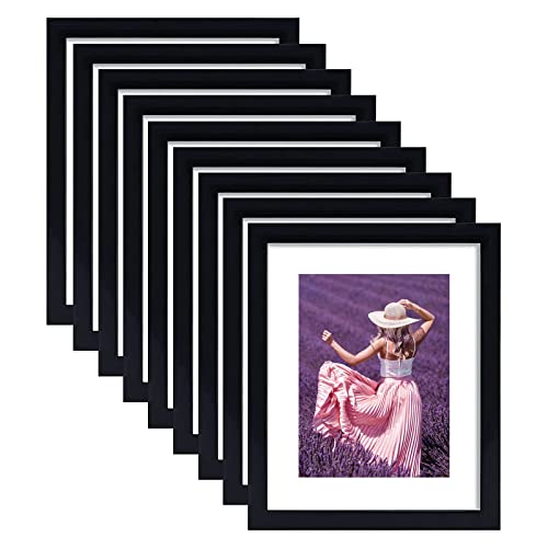 HEGATY 8x10 Picture Frame Black Set of 9, Display Pictures 5x7 with Mat or 8x10 Without Mat for Wall Mounting or Table Top Display