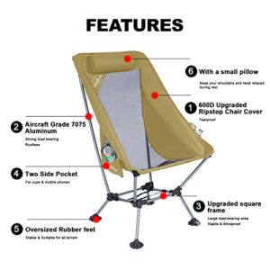 HITORHIKE Camping Chair with Nylon Mesh and Comfortable Headrest Ultralight High Back Folding Chair Portable Compact for Hiking, Backpacking, Picnic, Festival, Family Road Trip (Khaki)