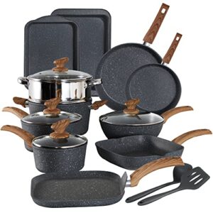 kitchen academy induction cookware set-17 piece non-stick cooking pan set, black granite pots and pans set