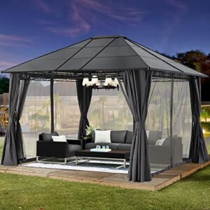 mastercanopy 10x12 outdoor hardtop gazebo aluminum frame polycarbonate top canopy with curtains and netting, dark gray