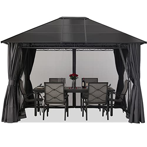 MASTERCANOPY 10x12 Outdoor Hardtop Gazebo Aluminum Frame Polycarbonate Top Canopy with Curtains and Netting, Dark Gray