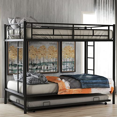 Twin Over Twin Metal Bunk Bed with Trundle,Metal Structure Bedframe with Safety Guardrails and ladders,No Spring Box Required and Space Saving Design,Black