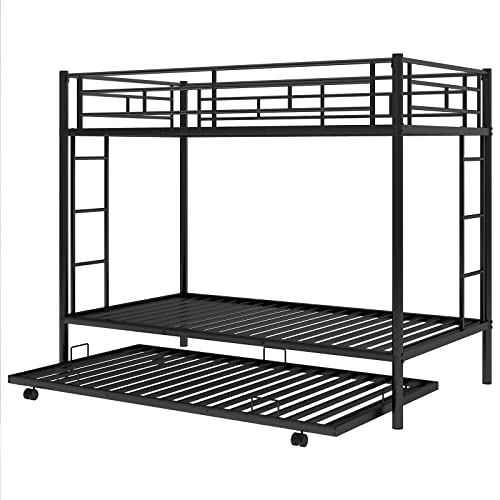 Twin Over Twin Metal Bunk Bed with Trundle,Metal Structure Bedframe with Safety Guardrails and ladders,No Spring Box Required and Space Saving Design,Black