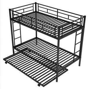 Twin Over Twin Metal Bunk Bed with Trundle,Metal Structure Bedframe with Safety Guardrails and ladders,No Spring Box Required and Space Saving Design,Black