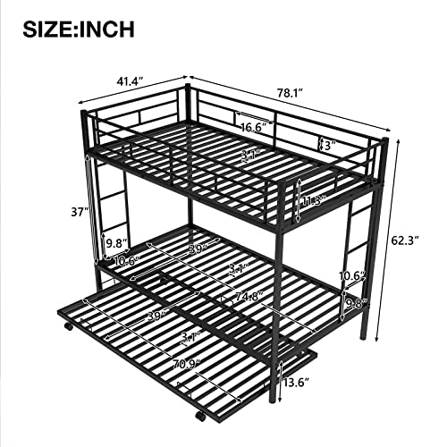 Twin Over Twin Metal Bunk Bed with Trundle,Metal Structure Bedframe with Safety Guardrails and ladders,No Spring Box Required and Space Saving Design,Black