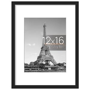 upsimples 12x16 picture frame, display pictures 8.5x11 with mat or 12x16 without mat, wall hanging photo frame, black, 1 pack