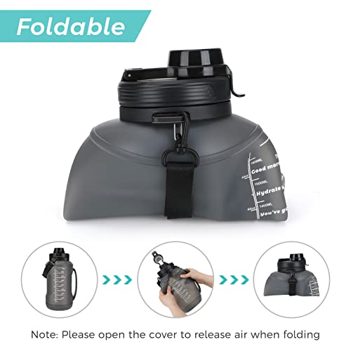 Augot Collapsible Water Bottle, 2L/64OZ Large Capacity Water Bottle with Straw Half Gallon Silicone Foldable Water Bottle with Carrying Strap & Time Markings for Outdoor Travel Runing Fitness (Black)