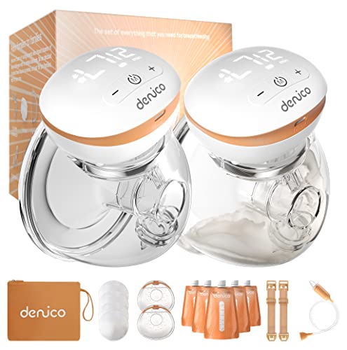 DENICO Wearable Breast Pump Hands Free - Portable Electric Pumps for Breastfeeding - Wireless Hands-Free Breast Pumps with 3 Low Noise Modes & 10 Levels, LED Display, 18, 24, 28 mm (Set of 2)