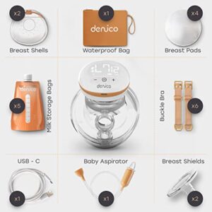 DENICO Wearable Breast Pump Hands Free - Portable Electric Pumps for Breastfeeding - Wireless Hands-Free Breast Pumps with 3 Low Noise Modes & 10 Levels, LED Display, 18, 24, 28 mm (Set of 2)