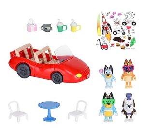 bluey vehicle and 4 figure pack, escape convertible with four 2.5 inch figures, 9 accessories and sticker sheet | amazon exclusive