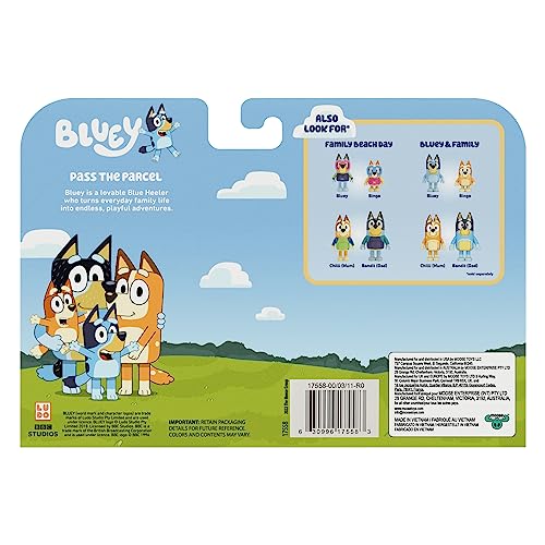 Bluey Figure 4-Pack, Pass The Parcel 2.5-3 inch, Bingo, Lucky's Dad and Lila Character Figures with Accessories