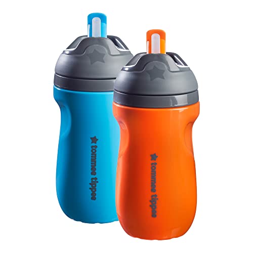 Tommee Tippee Insulated Spill-Proof Straw Cup, 12 months+, 9oz, Toddler Training Sippy Cup, Sporty Carry Handle, Bite Resistant Spout, Pack of 2, Blue and Orange