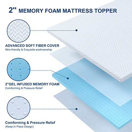 Maxzzz 2 Inch Memory Foam Mattress Topper Queen Gel-Infused Memory Foam Bed Mattress Topper High Density Cooling Mattress Pad with Removable Soft Cover for Back Pain, Pressure Relief White